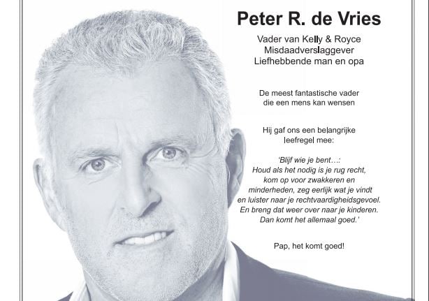 Rouwbericht van kinderen Peter R. de Vries in Trouw en andere kranten ...